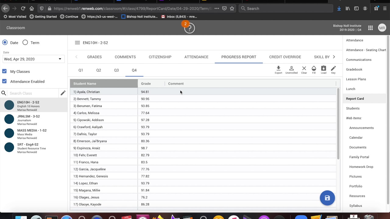 RenWeb progress reports/adding comments