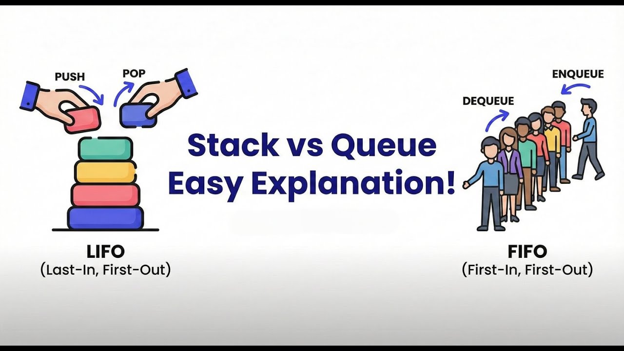 Stack vs Queue Full Explanation  Push, Pop, Enqueue, Dequeue  Data Structures Tutorial
