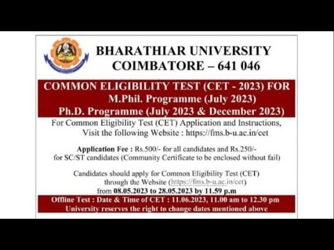 Bharathiyar University, Coimbatore, Tamilnadu - M Phil, PhD program Common Eligibility test -2023.