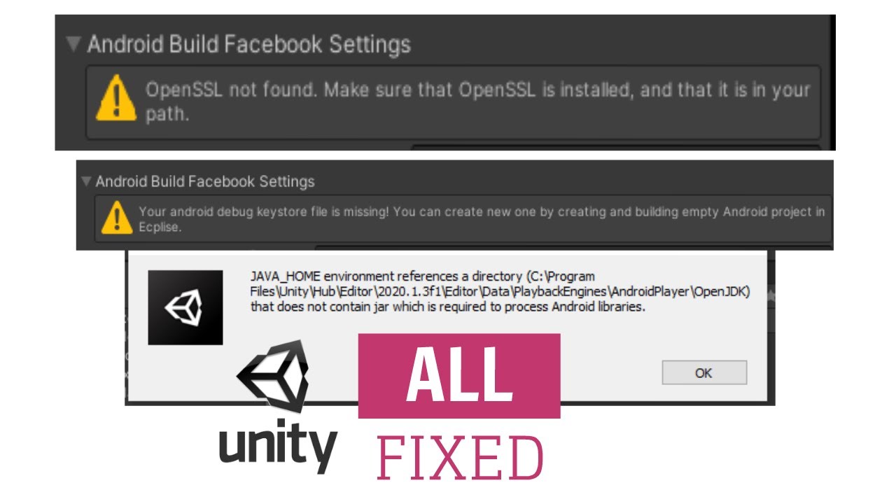 Unity Facebook SDK Errors - Keystore - OpenSLL - JAVA HOME - Debug Hash key missing
