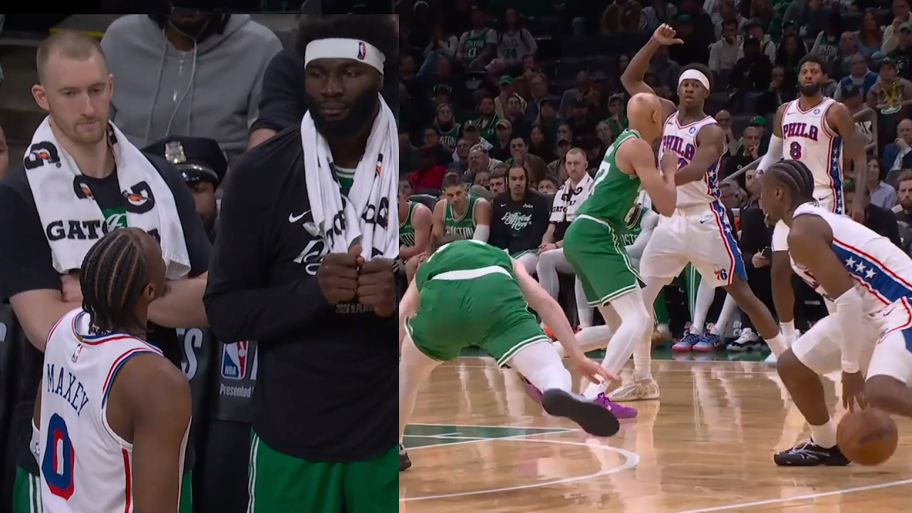 Tyrese Maxey screams at C's bench and fans then filthy step back 3 to win vs Celtics Game 2