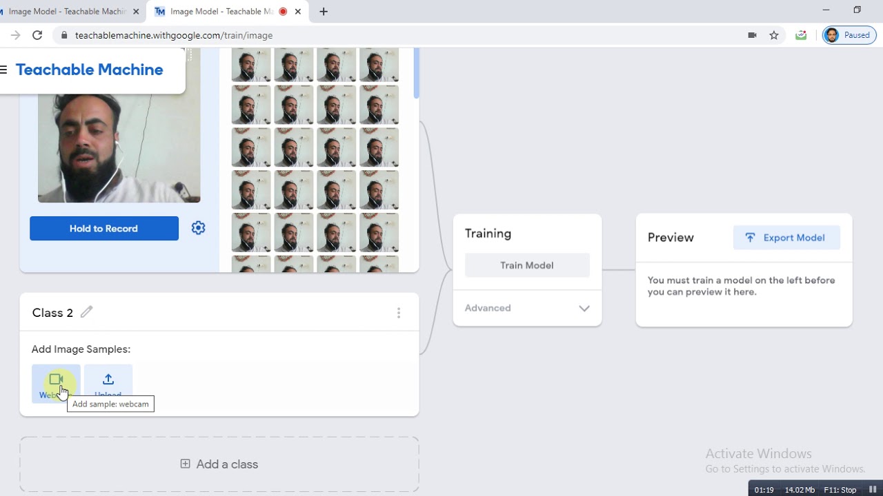 Left Face, Frontal and Right Face recognition using Teachable Machine