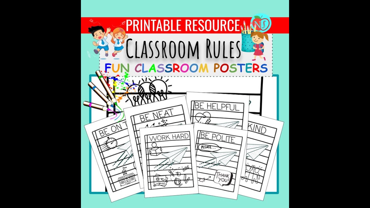 Classroom Rules Poster Teacher Resource - 12 Black & White | Coloring Activity
