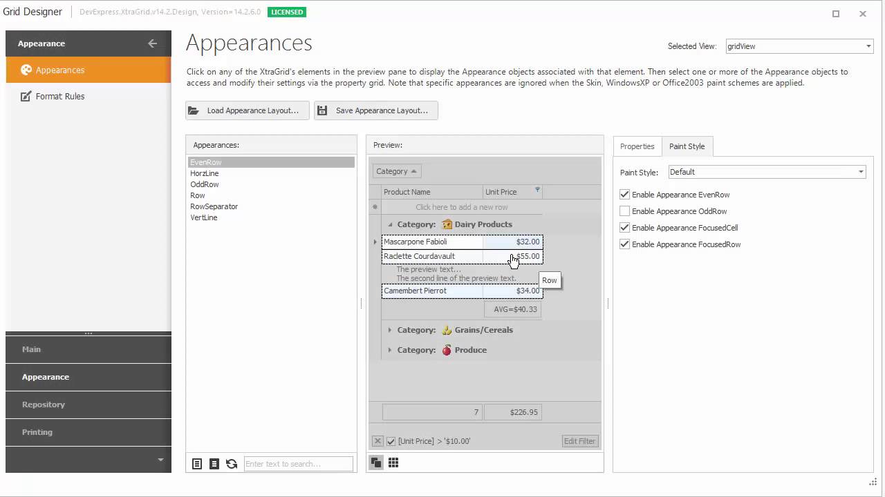 DevExpress WinForms Grid: View And Column Appearance