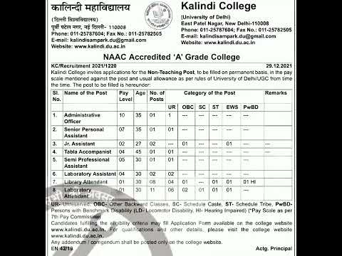 Various Vacancies in Kalindi College,Delhi...