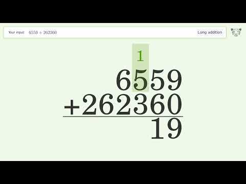 Long Addition Problem 6559+262360: Step-by-Step Video Solution | Tiger Algebra