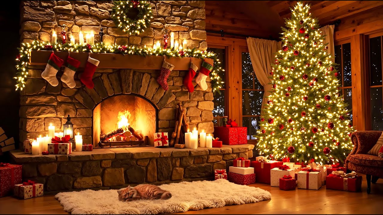 Cozy Christmas Fireplace Ambience 🎄🔥 | Warm Holiday Cabin, Crackling Fire & Peaceful Snowfall
