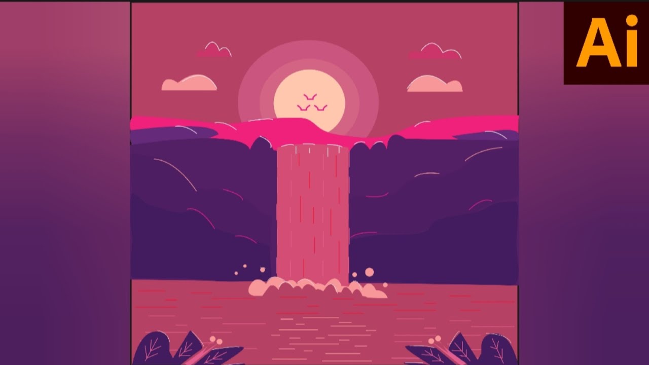 Beautiful Waterfall landscape 💜 | Adobe illustrator | Vector Art | Speed Art
