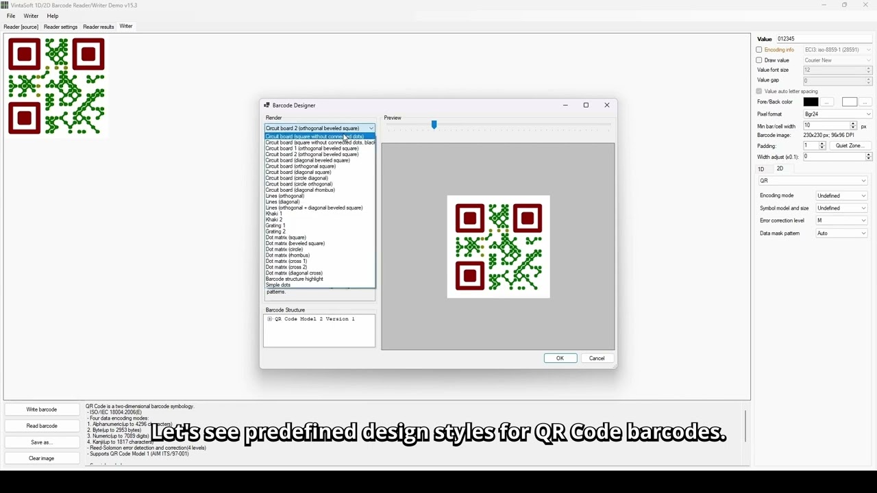 Create custom design 2D barcodes using VintaSoft Barcode Demo and see many different styles.