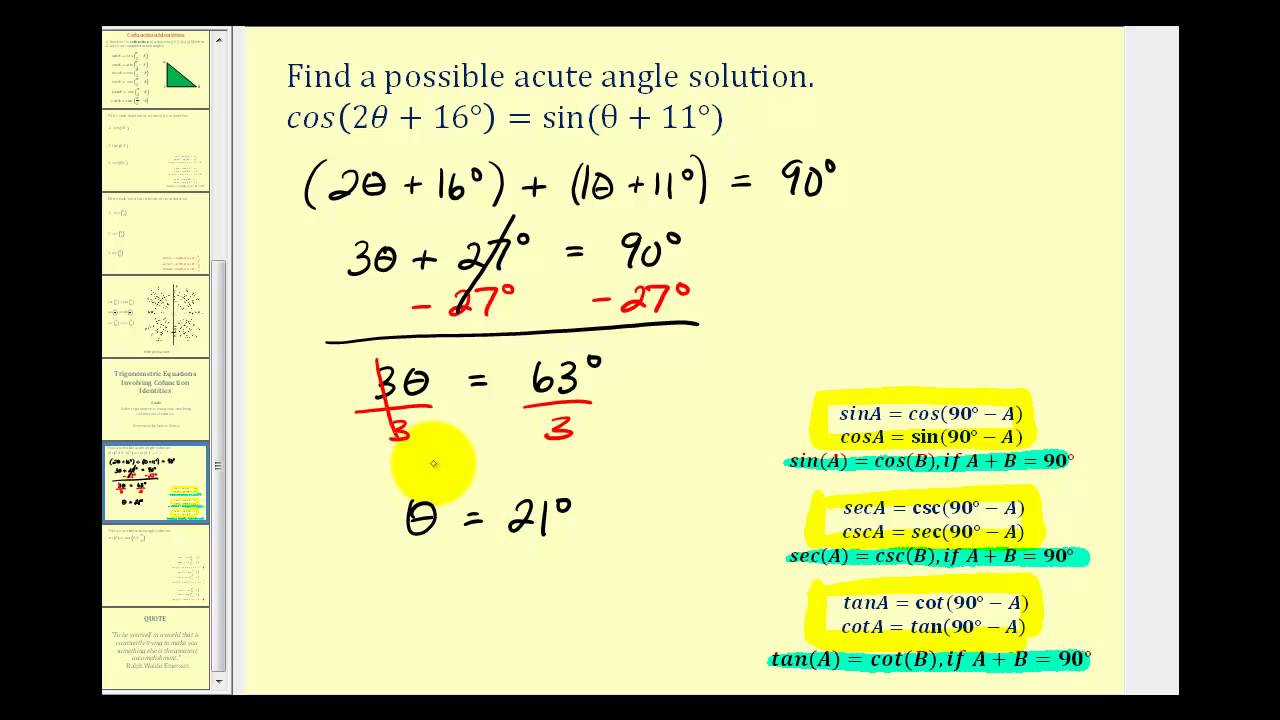 Cofunction Identities - Solving Trigonometric Equations
