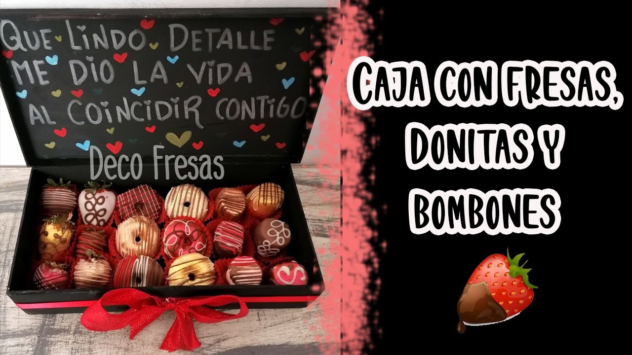 Arreglo de caja con  FRESAS, DONITAS Y BOMBONES decoradas con chocolate!