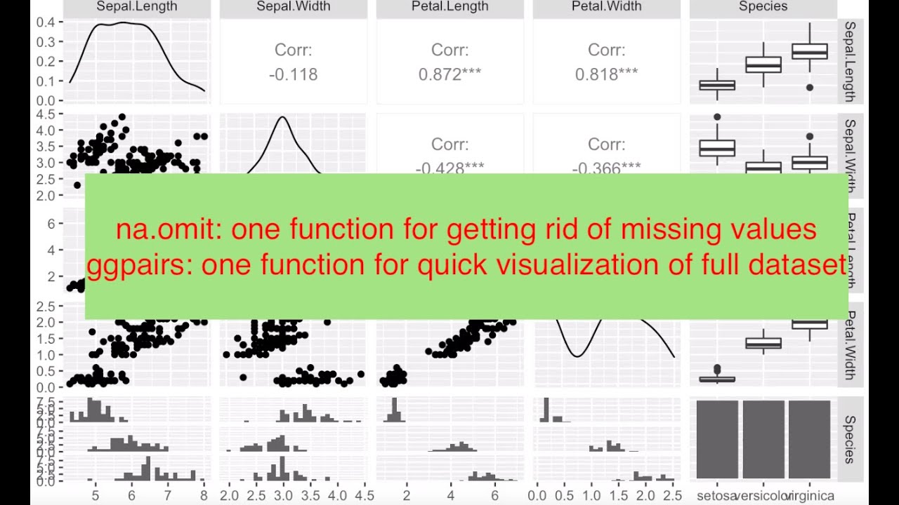 na.omit: get rid of missing values | ggpairs: a quick visualization function of a full dataset in R