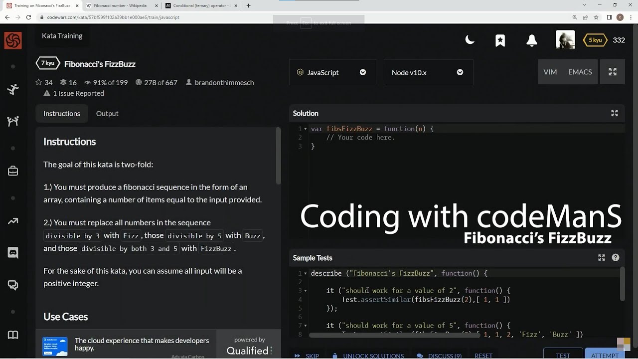 Codewars 7 kyu Fibonacci's FizzBuzz JavaScript
