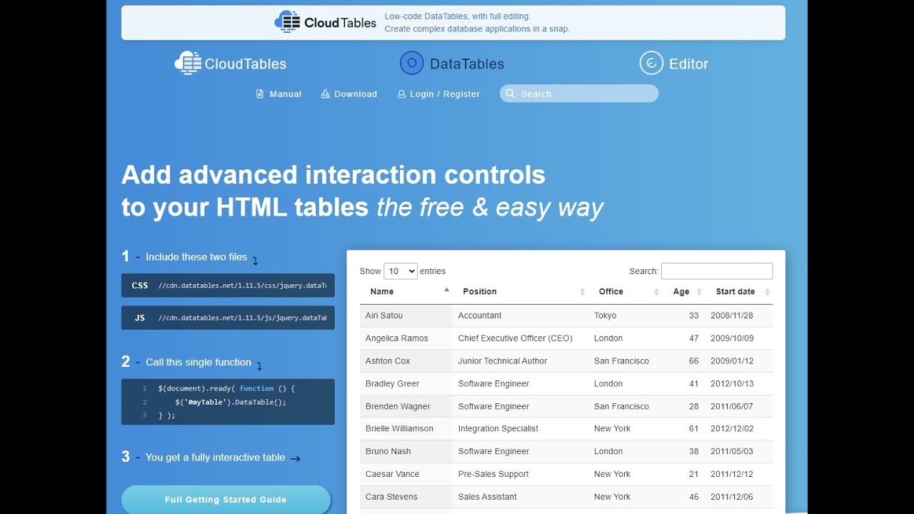 DataTables Example HTML CSS Ajax PHP JavaScript DataTables | Table plug-in for jQuery