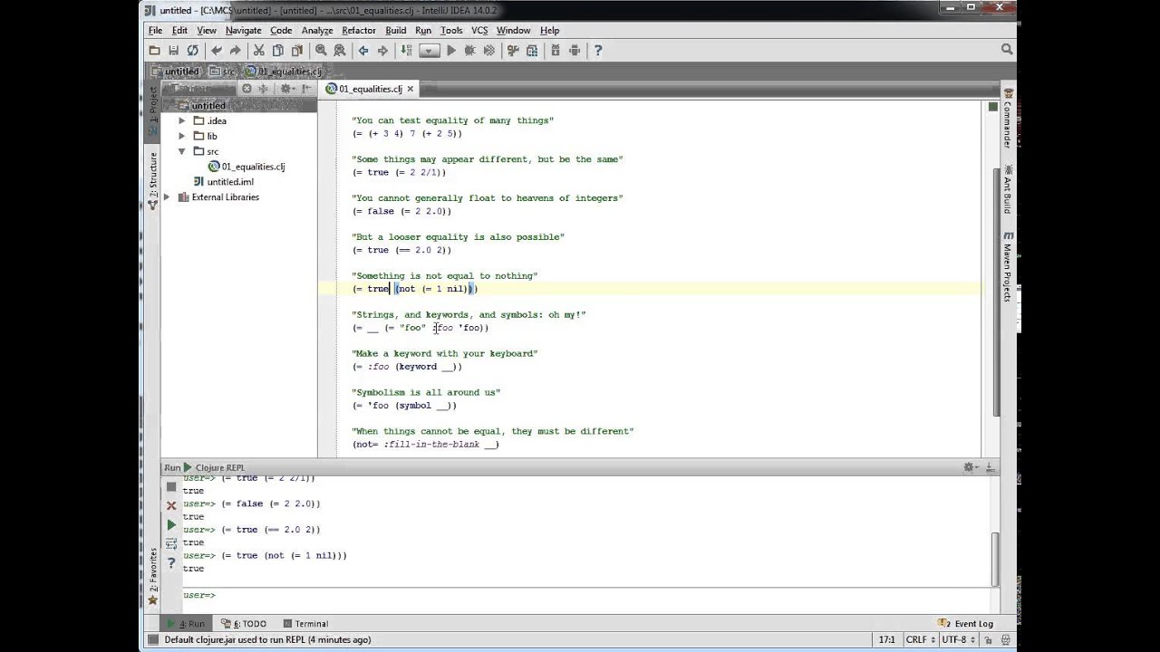Clojure Koans 1 Equalities
