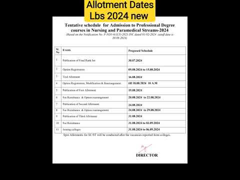 LBS 2024 first second Fee remittance Third Join admission allotment dates #2024 nursing paramedical