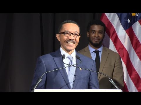Rep-elect Kweisi Mfume speaks after he was declared winner in 7th District