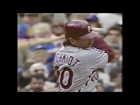 Joe Girardi drops a foul popup hit by Mike Schmidt which leads to Schmidt getting on base.  4-4-1989