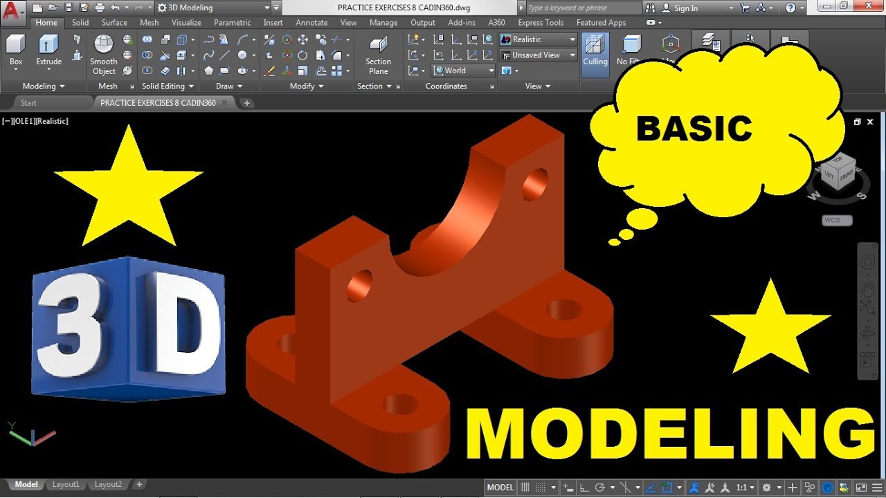 AUTOCAD 3D MODELING PRACTICE DRAWING EXERCISE 8  BASIC TUTORIAL FOR BEGINNERS