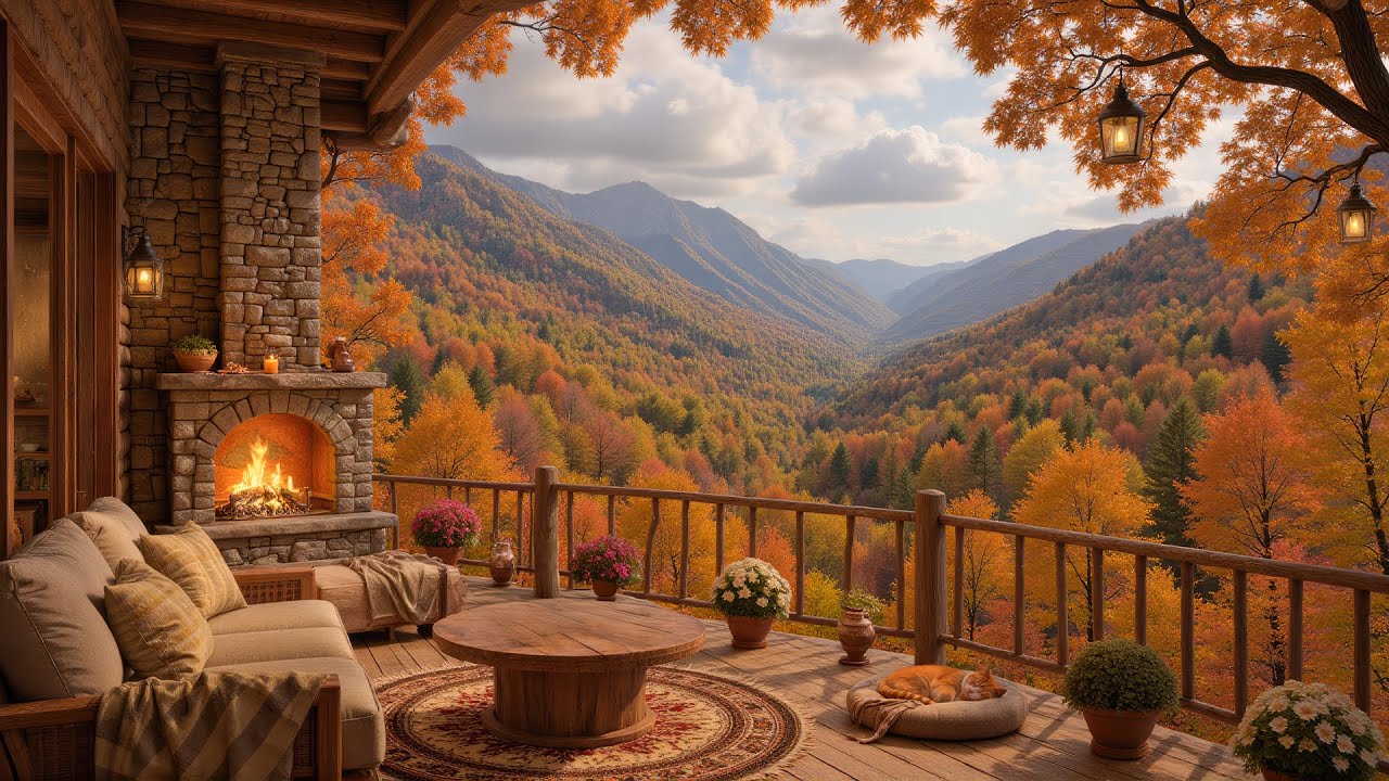 Relaxing Jazz by the Fireplace 🔥 Autumn  Mountain Balcony Ambience for Focused Work & Tranquil Vibes