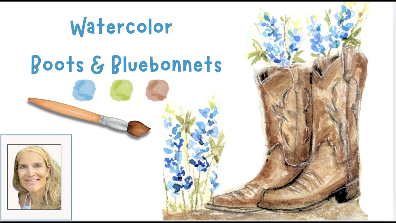 Cowboy Boots & Texas Bluebonnets | Paint With Me | Intermediate Watercolor