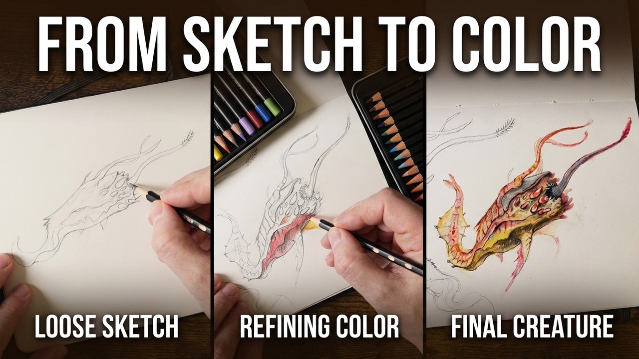 Creature Design Workflow: From Thumbnails to Final Colored Pencil Sketch