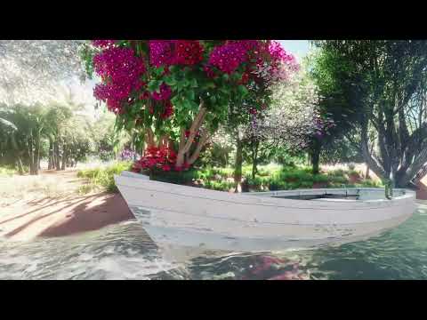 beautiful wonderful island with beautiful trees and flowers. a boat on calm sea waters (VISUAL LOOP)