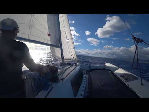 Literally skimming across Mamala Bay, Hawaii in one of Ian Farrier's incredible multihull designs.