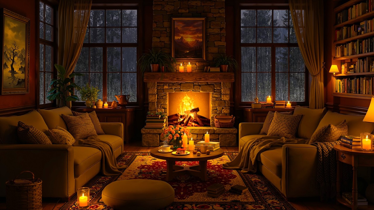 Cozy Reading Nook Ambience 🔥 Soft Jazz with Gentle Night Rain & Fireplace Sounds to Study, Sleep