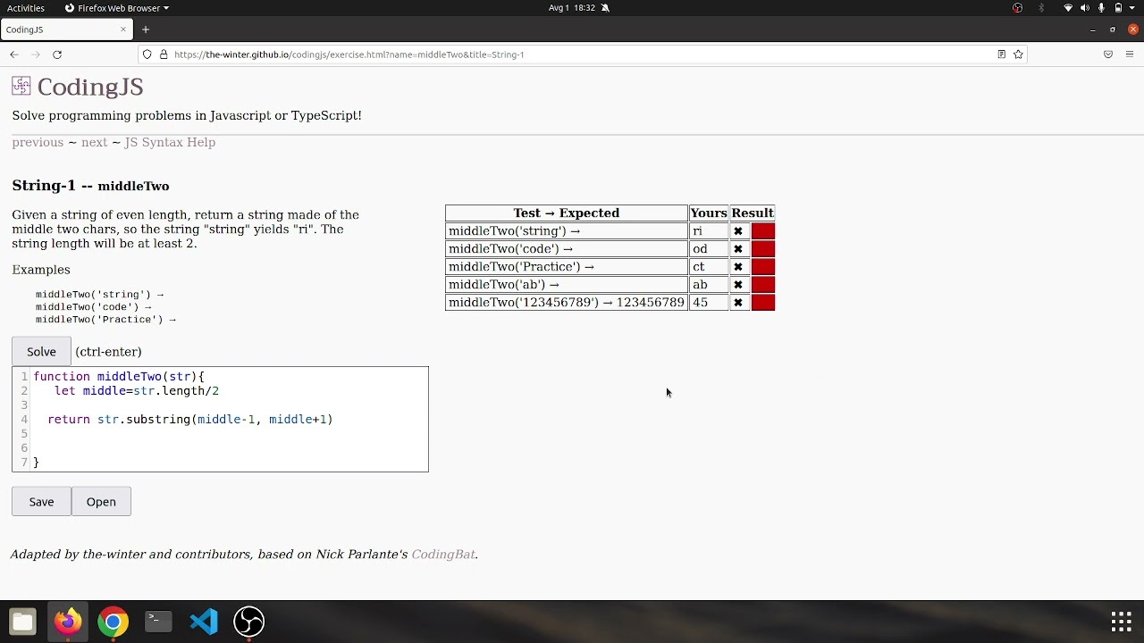 String 1 middleTwo  Javascript solution