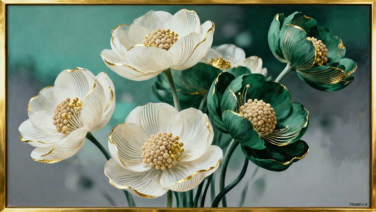 Vintage Elegant Teal-Green Flowers with Golden Frame — 2 Hours | Luxury TV Frame Art 4K