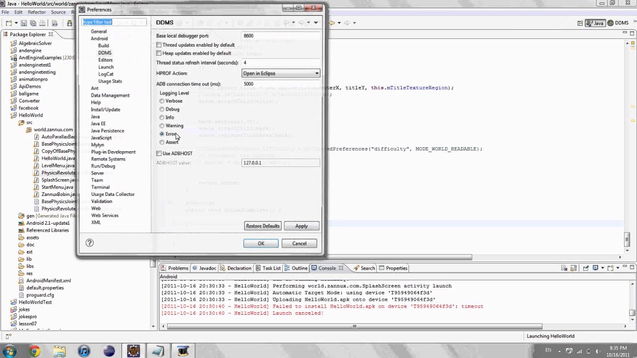 Eclipse Android Timeout Error Fix