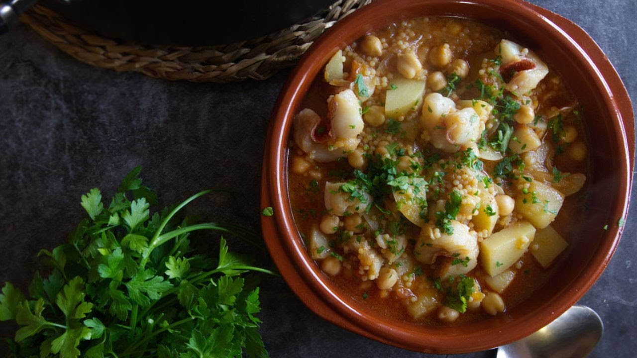 Maravilla fish stew with chickpeas and pearl pasta