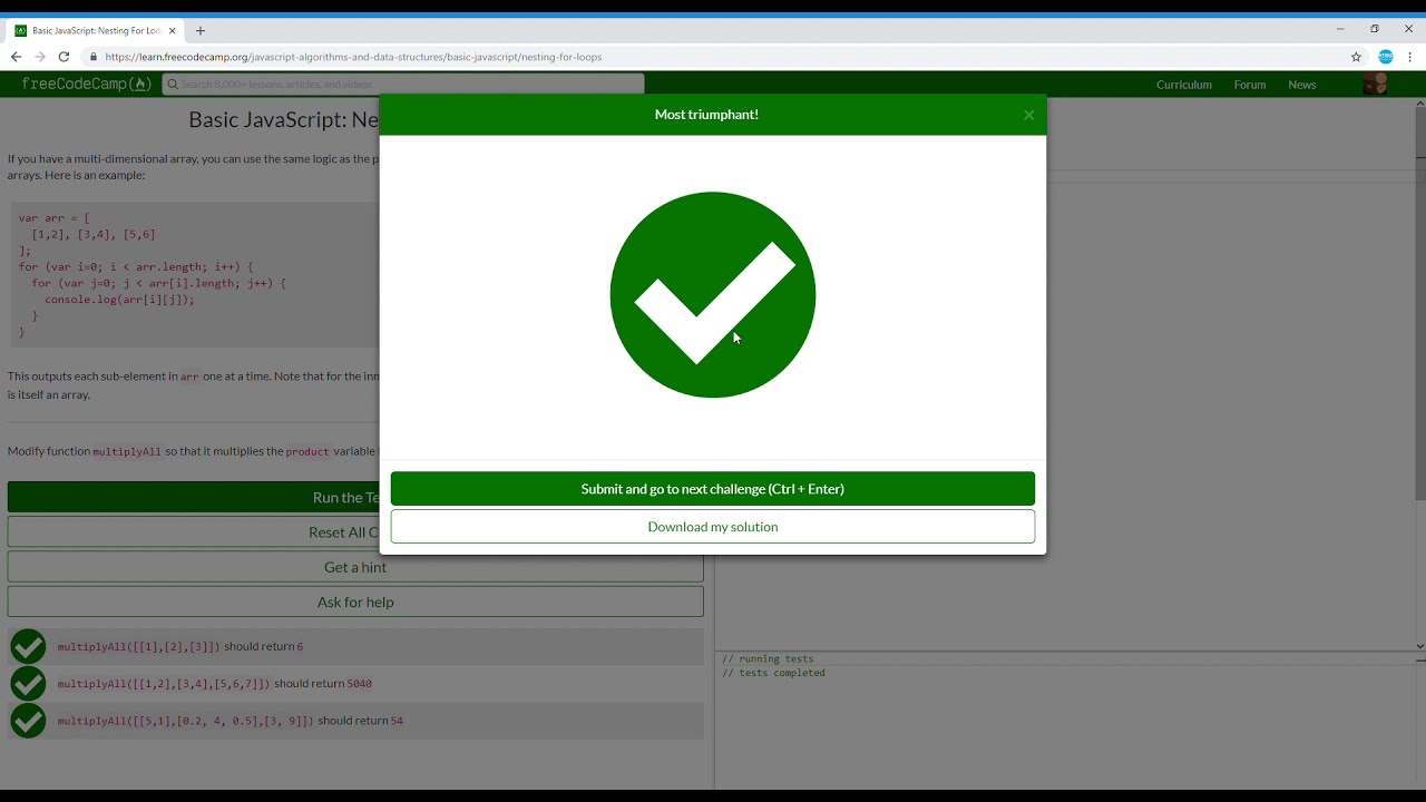 Basic JavaScript  Nesting For Loops  99/111 Learn freeCodeCamp