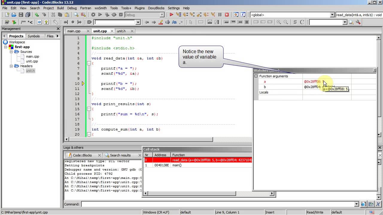 Debugging a C/C++ application in Code::Blocks