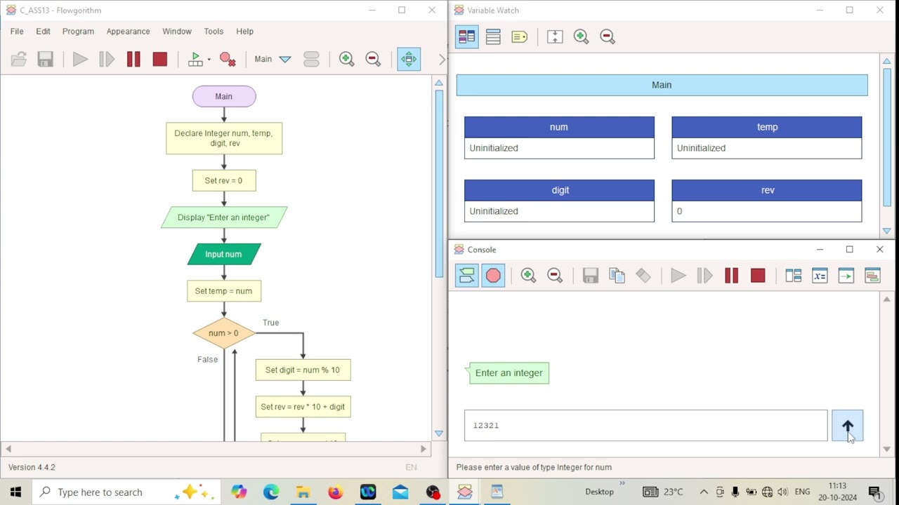 flowchart - reverse number and check number palindrome or not