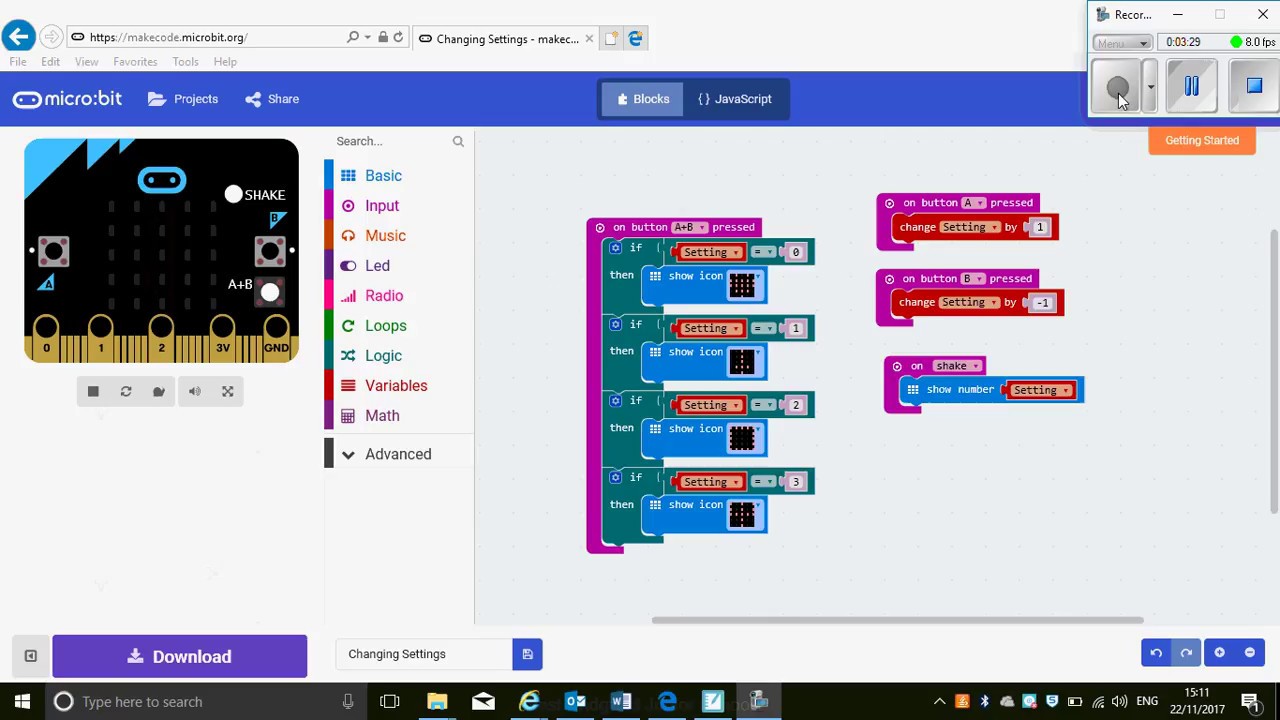 Microbit Tutorial 13   Changing the variable 'Setting'