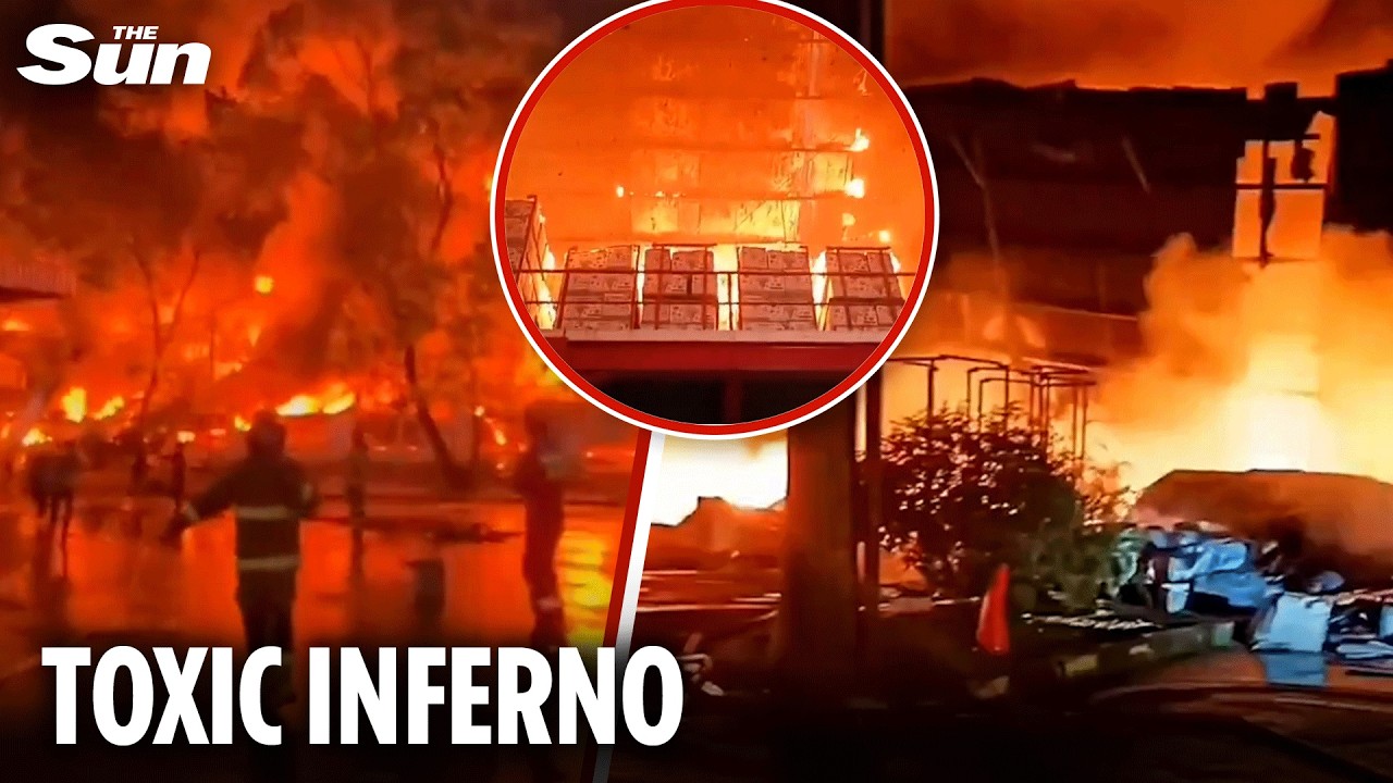 Horror moment massive toxic blaze tears through plastics factory in Indonesia