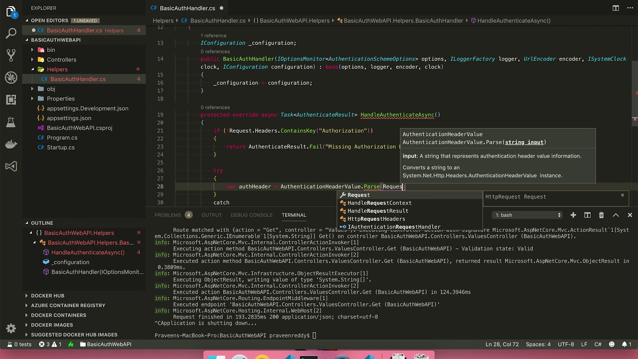 Basic Authentication for WebAPI with .Net Core using Visual Studio Code