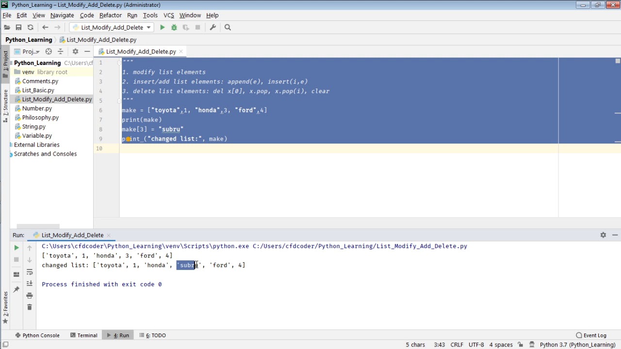 Python Tutorial: 7.0 - List Element Modify/Insert/Delete