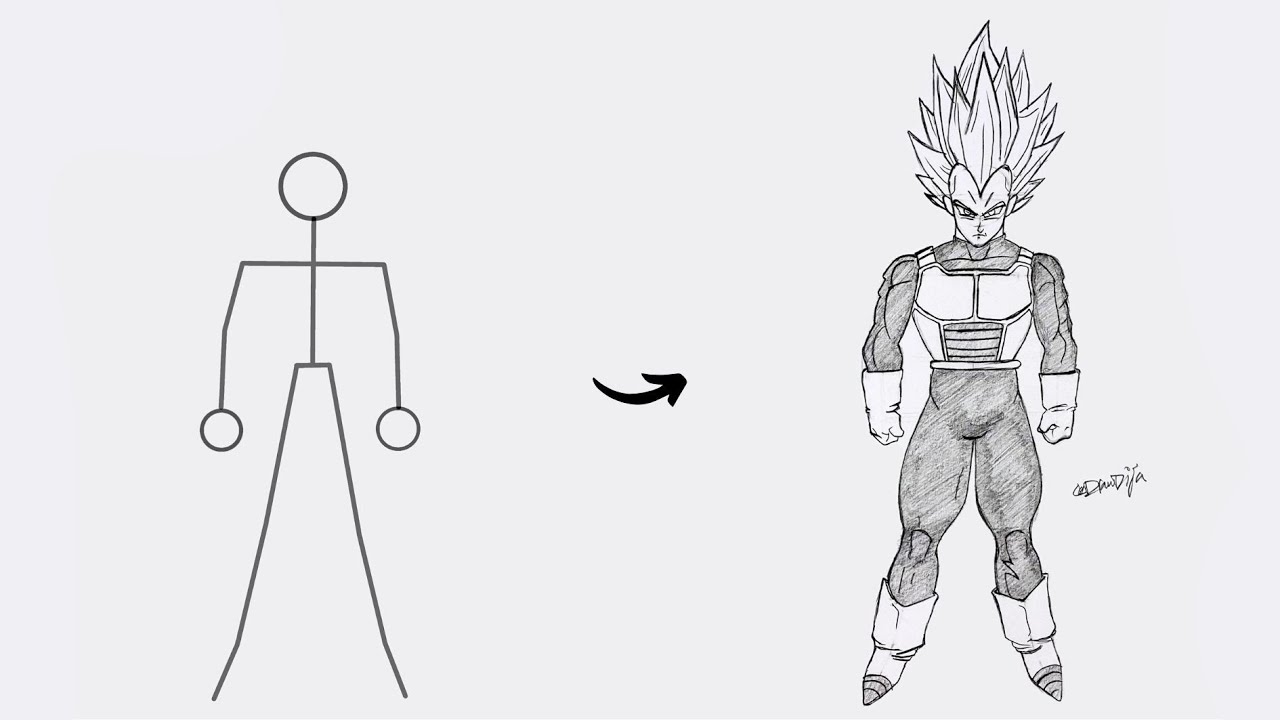 How to draw Vegeta Full Body out of Stick Man | Easy Step by Step