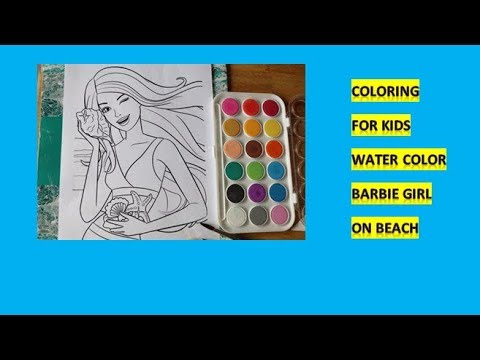 coloring Barbie girl on beach with water color-coloring page for kids