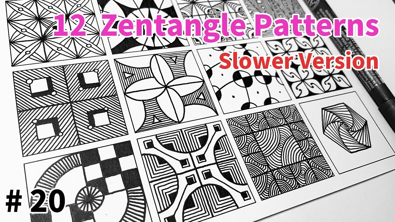 12 Zentangle Patterns Tutorial Step by Step for Beginners #20 | 12 Doodle Patterns | Slower Version