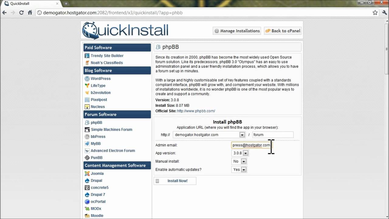 How to - phpBB Install through QuickInstall at HostGator.com