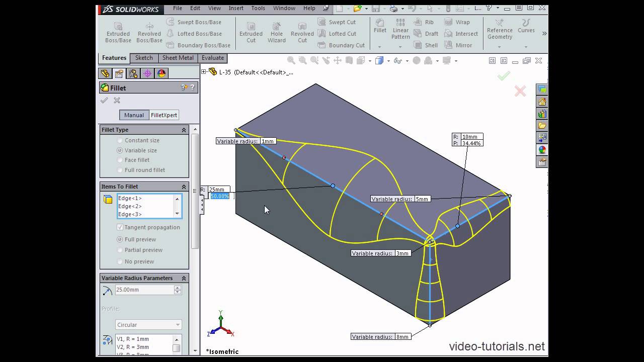 How to create fillets with variable radius SOLIDWORKS tutorials