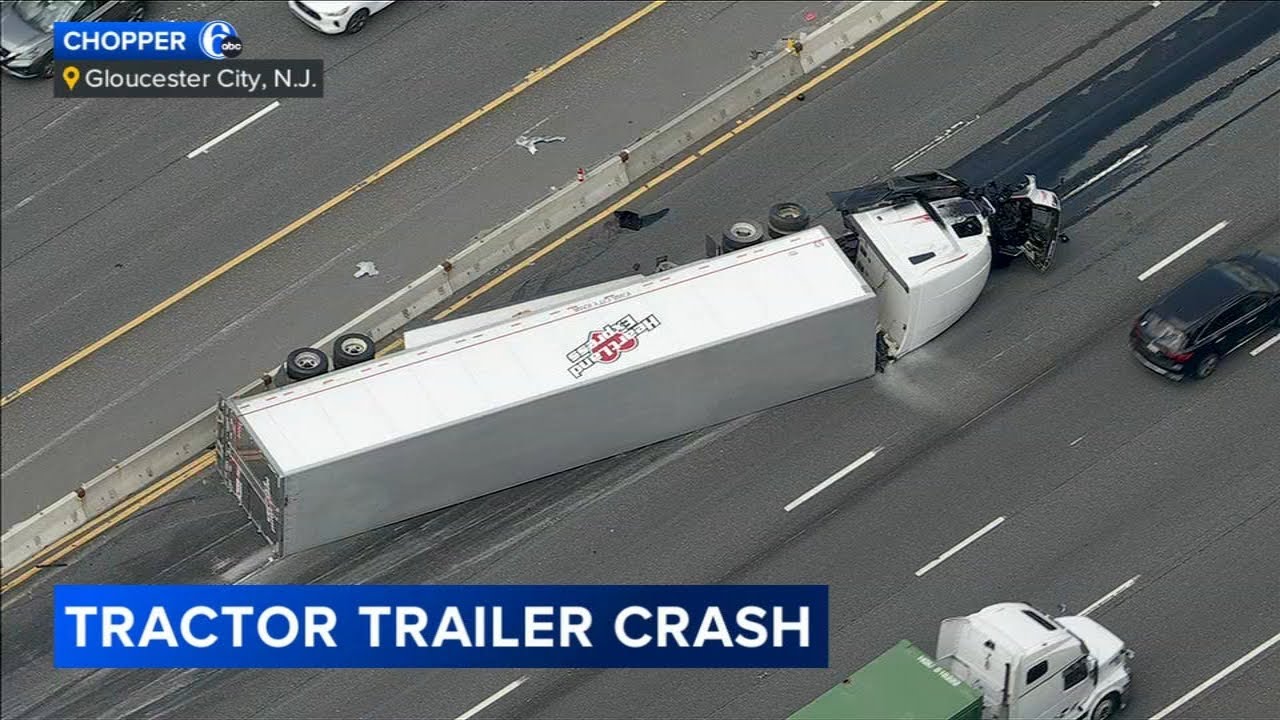 Tractor-trailer overturns after crash on I-76 WB in Camden County