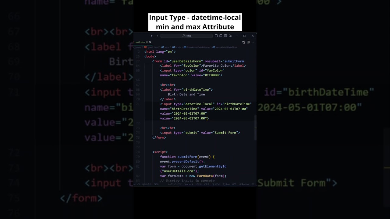 HTML Input type datetime-local with Min and Max Attributes! #htmlform #codewithmayur