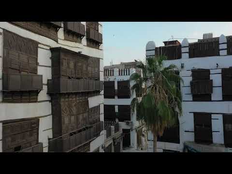 Aerial view of old houses with mashrabiya in al-Balad quarter, Mecca province, Jeddah, Saudi Arabia