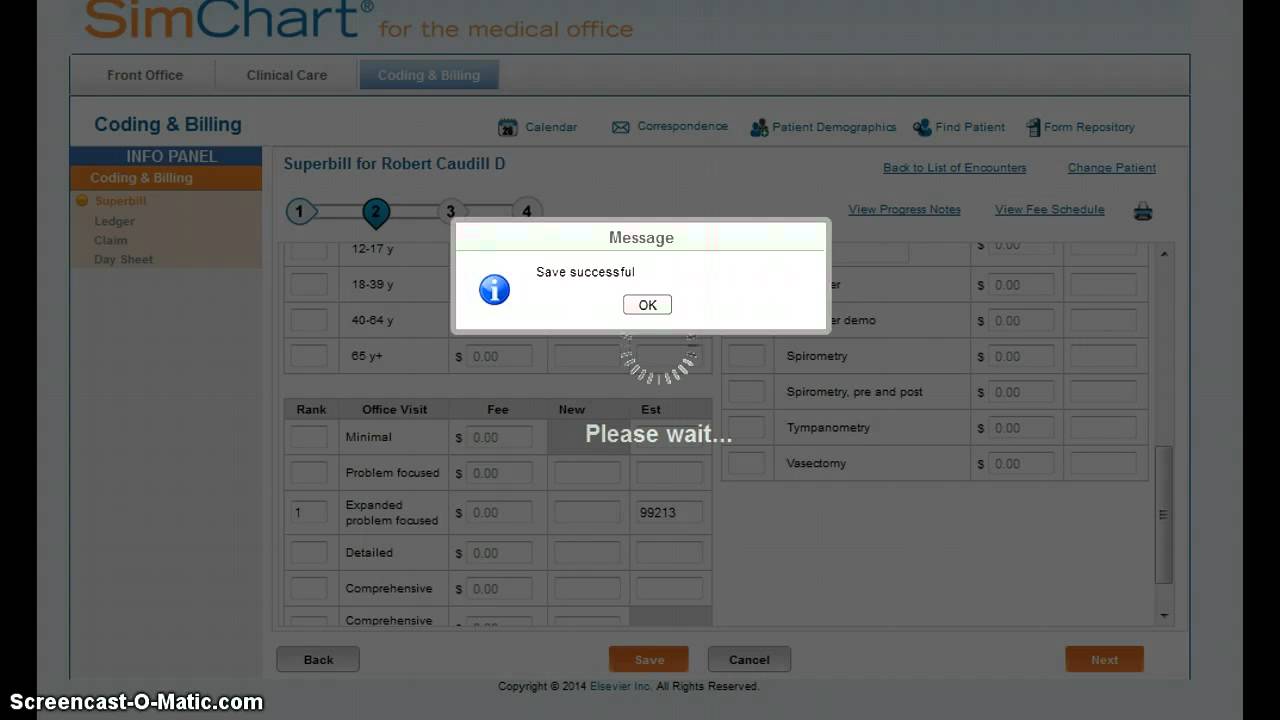 Simchart document progress note, submit superbill