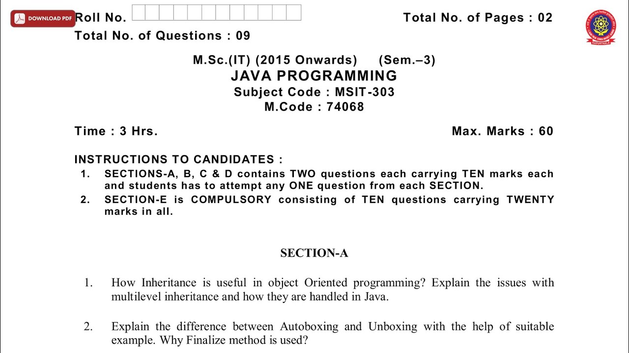 MSC IT 3RD SEM JAVA PROGRAMMING MAY 2019 | PTU